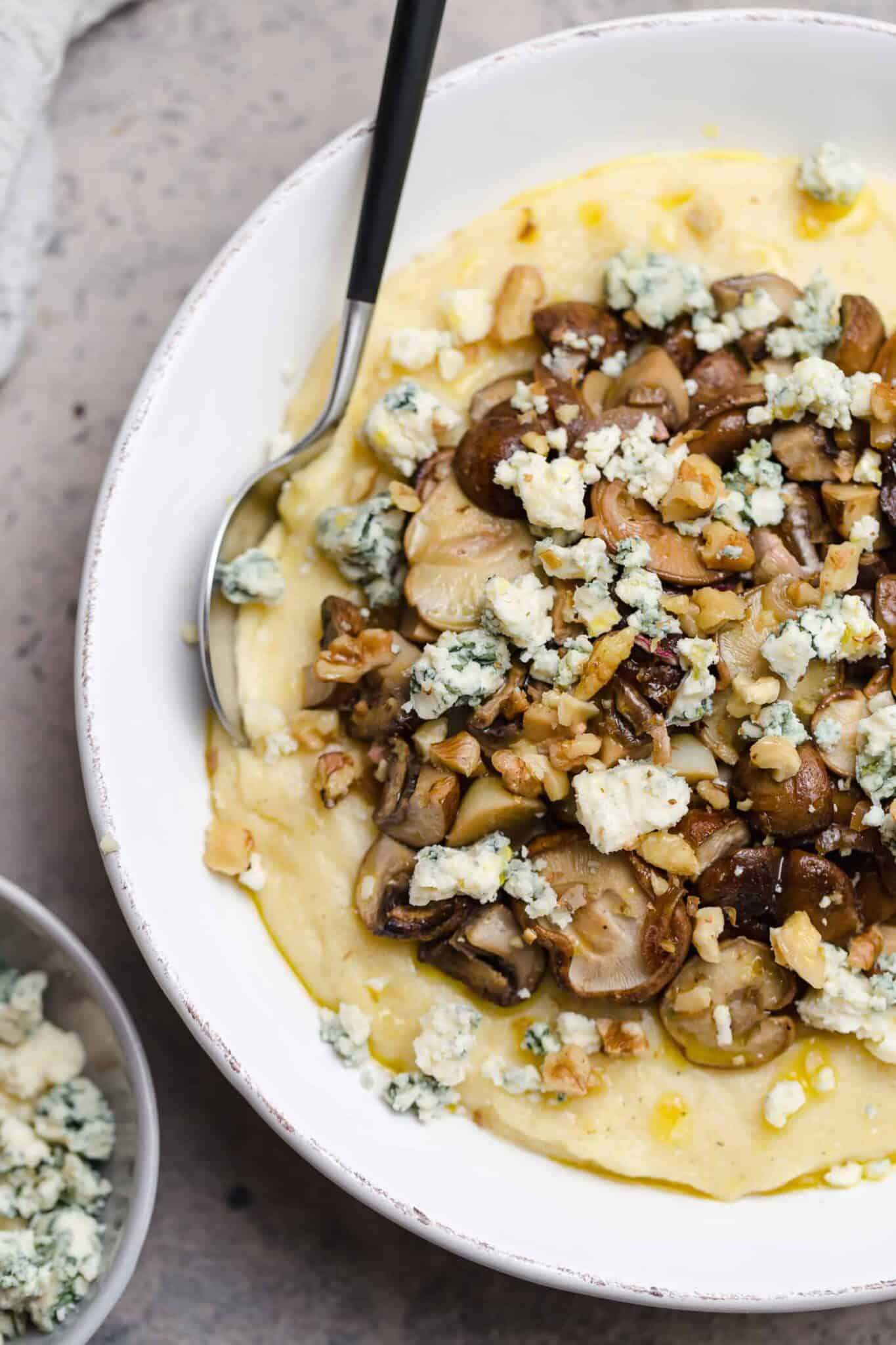 Mushroom Polenta with Walnuts And Blue Cheese - Well Seasoned Studio