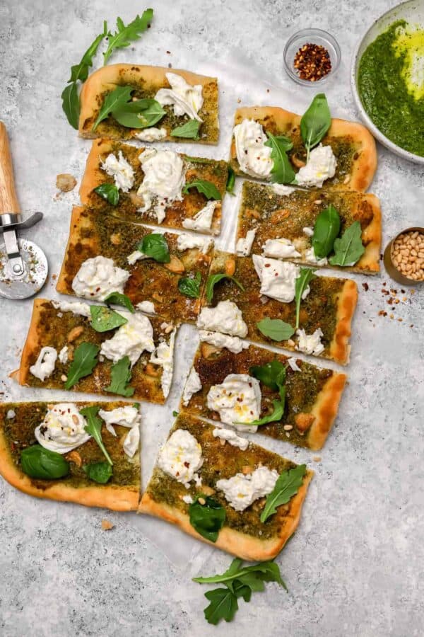 Thin & Crispy Burrata Cheese and Pesto Pizza - Well Seasoned Studio