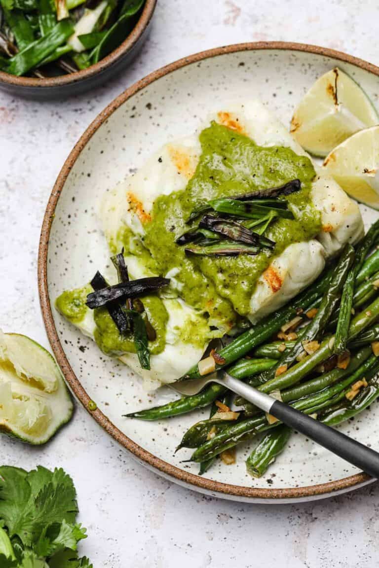 Grilled Halibut with Charred Scallion Sauce - Well Seasoned Studio