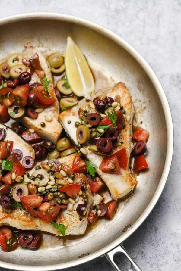 Sicilian Swordfish with Olives, Tomatoes, Raisins - Well Seasoned Studio