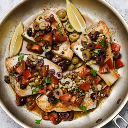 Sicilian Swordfish with Olives, Tomatoes, Raisins - Well Seasoned Studio