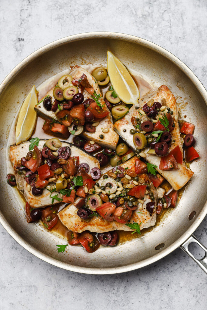 Sicilian Swordfish with Olives, Tomatoes, Raisins - Well Seasoned Studio