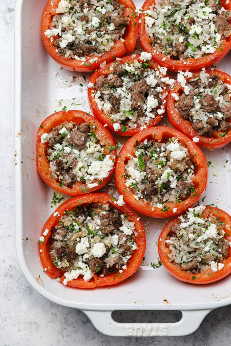 Baked Stuffed Tomatoes with Ground Lamb & Rice - Well Seasoned Studio