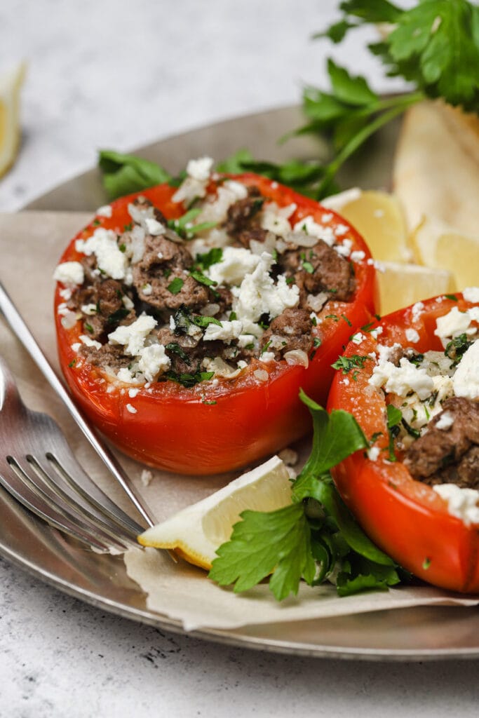 Baked Stuffed Tomatoes with Ground Lamb & Rice - Well Seasoned Studio
