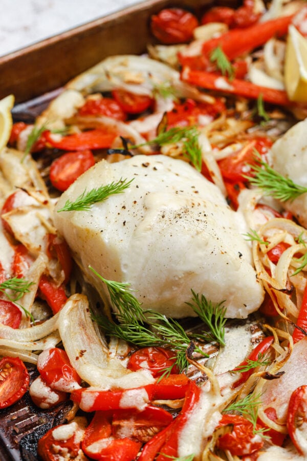 Sheet Pan Roast Fish with Tahini Sauce - Well Seasoned Studio