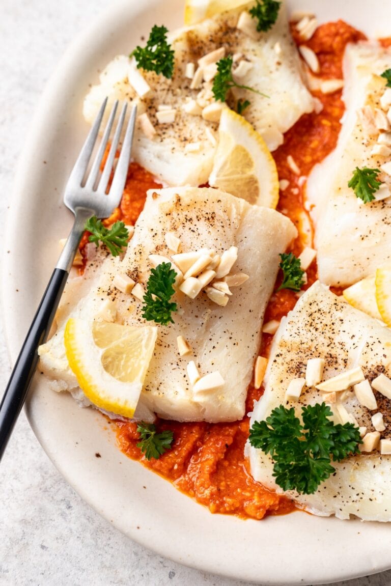 Easy Pan Seared Cod with Romesco Sauce - Well Seasoned Studio