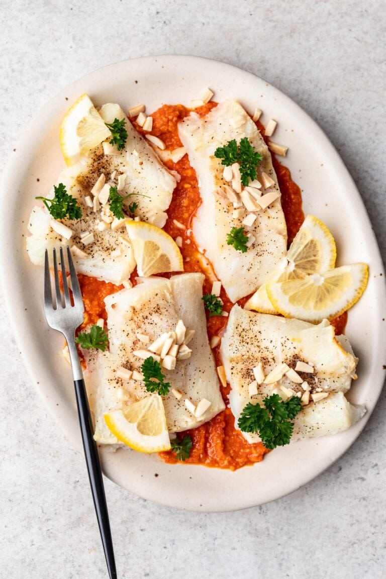 Easy Pan Seared Cod with Romesco Sauce - Well Seasoned Studio