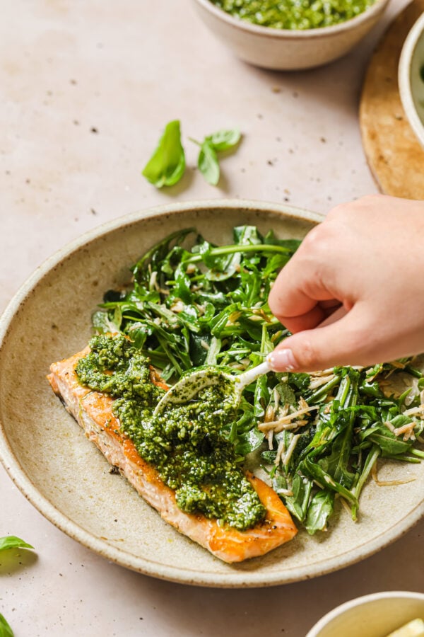 Crispy Pan-Seared Salmon with Pistachio Pesto - Well Seasoned Studio