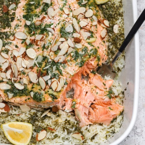30-Minute Oven Baked Salmon with Herbed Rice - Well Seasoned Studio