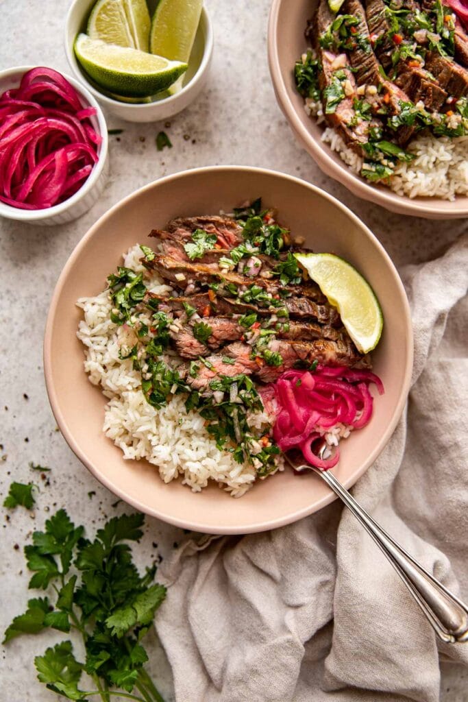 Skirt Steak Rice Bowls with Chimichurri Sauce - Well Seasoned Studio