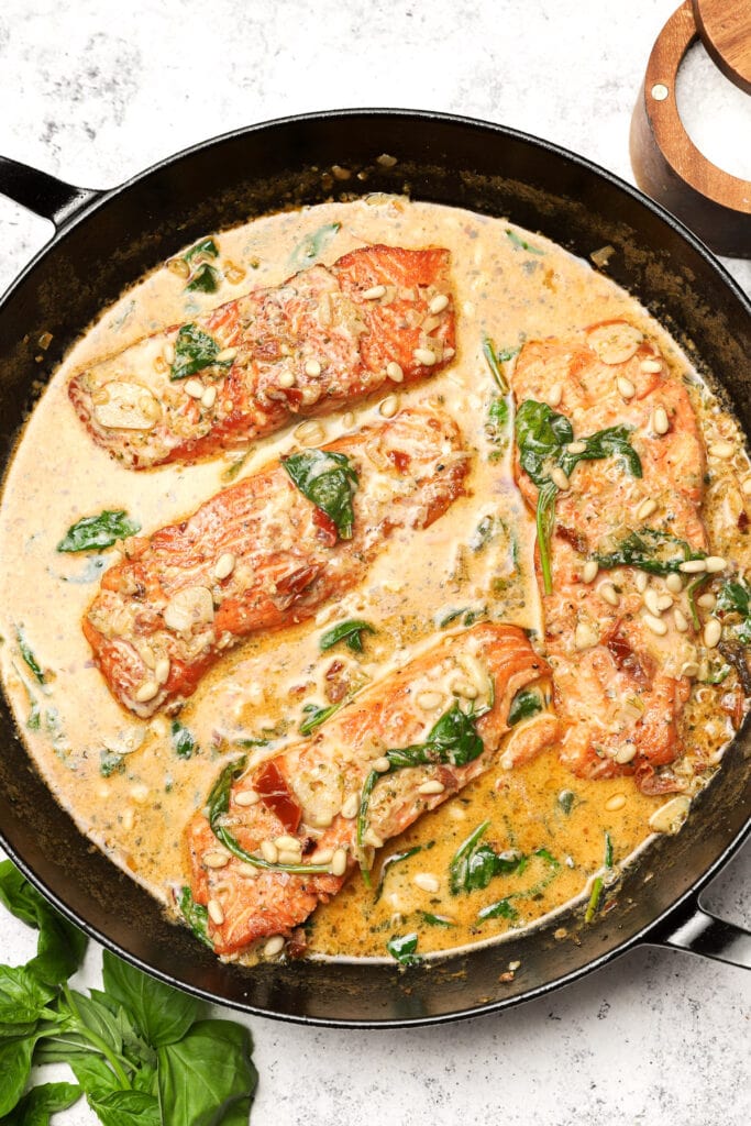 25-Minute Pan-Seared Trout with Creamy Pesto Sauce - Well Seasoned Studio