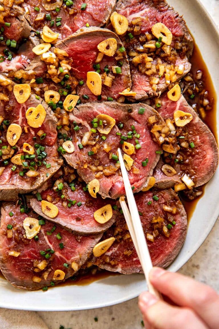 Beef Tataki with Garlic Chips & Ponzu - Well Seasoned Studio