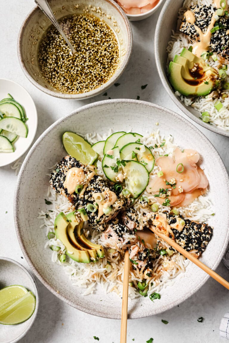 Sesame-Crusted Salmon Rice Bowls with Miso Sauce - Well Seasoned Studio