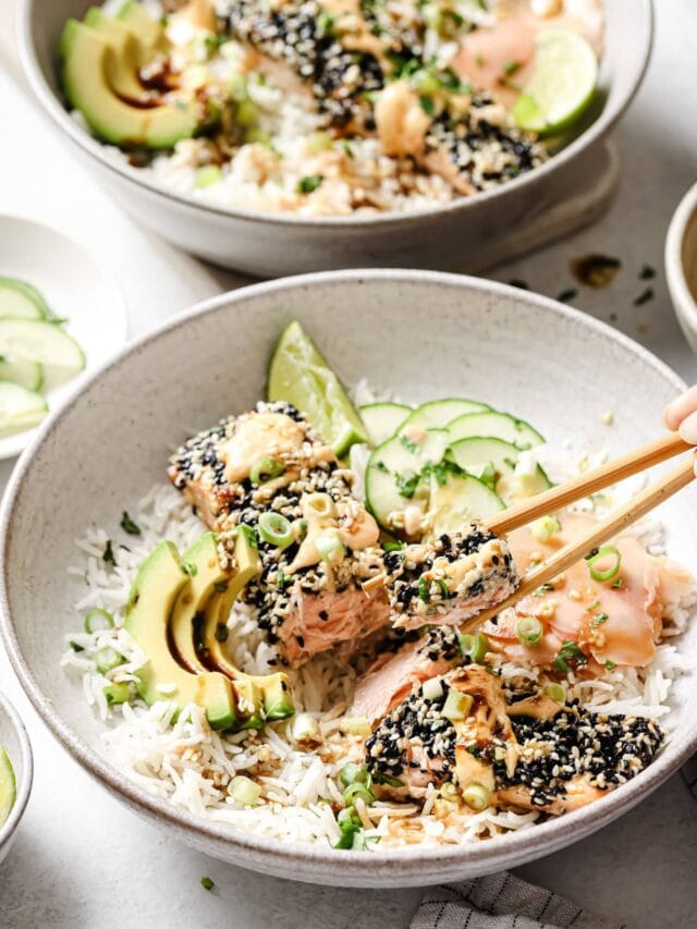 Sesame-Crusted Salmon Rice Bowls - Well Seasoned Studio