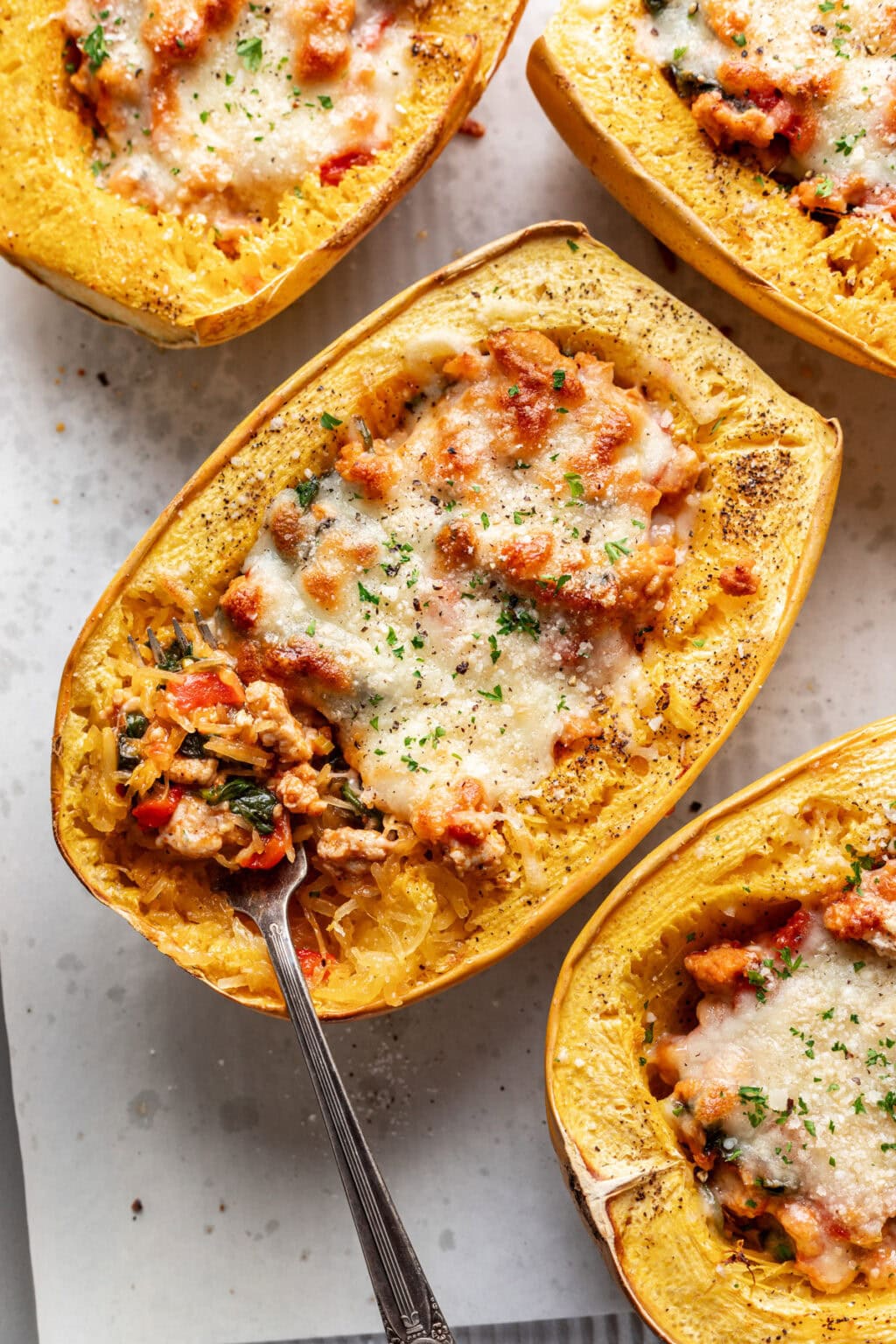 Cheesy Sausage-Stuffed Spaghetti Squash - Well Seasoned Studio