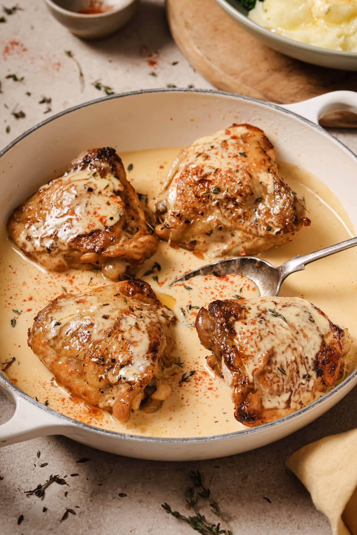 Juicy Chicken Thighs with Creamy Dijon Pan Sauce - Well Seasoned Studio