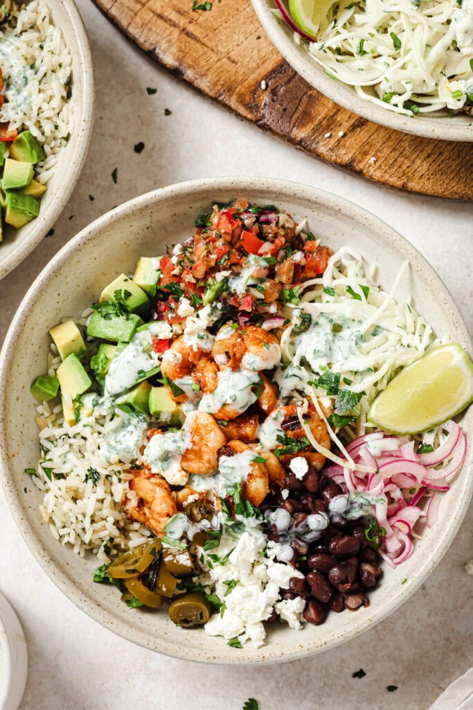 Zesty Shrimp Burrito Bowls with Cilantro Lime Rice - Well Seasoned Studio